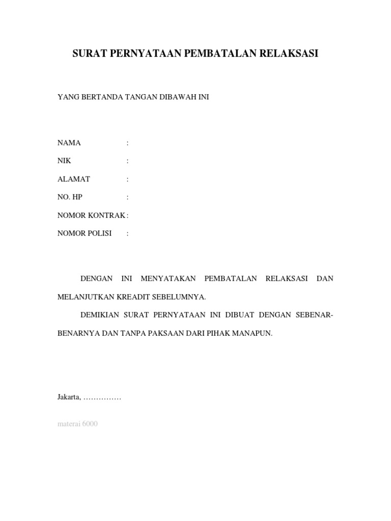 Surat Pernyataan Pembatalan Relaksasi | PDF