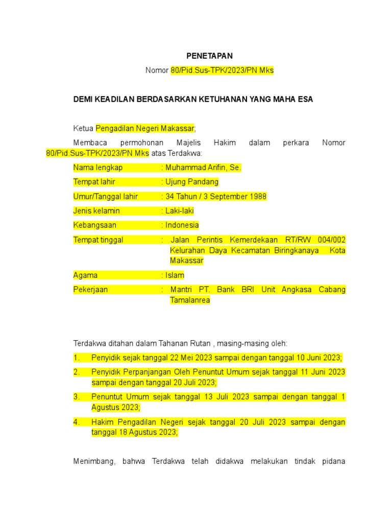 PenetapanPerpanjanganTahananHakimolehKetuaPengadilanNegeri-80 Pid - sus-TPK 2023 PN Mks | PDF