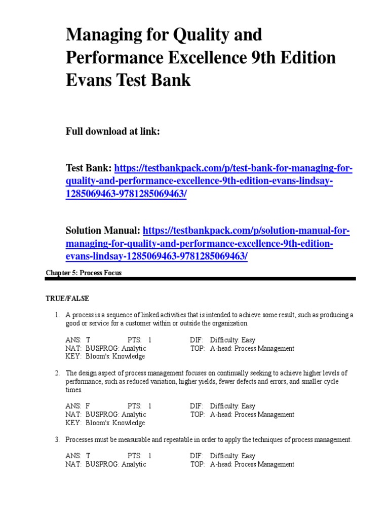 Managing For Quality and Performance Excellence 9th Edition Evans Test ...
