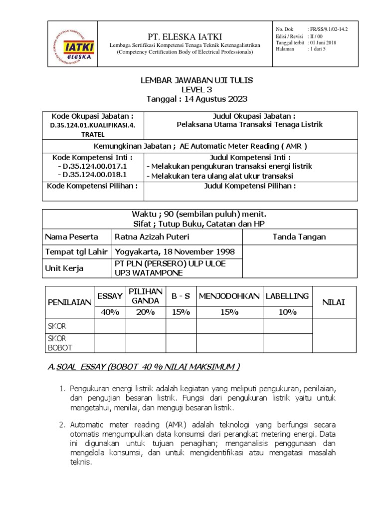 Ratna Azizah Puteri - Lembar Jawab Utul | PDF