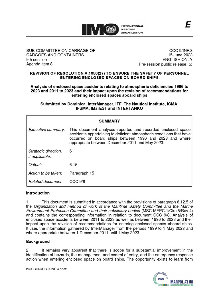 CCC 9-INF.3 - Analysis of Enclosed Space Accidents Relating To Atmospheric Deficiencies 1996 To ...