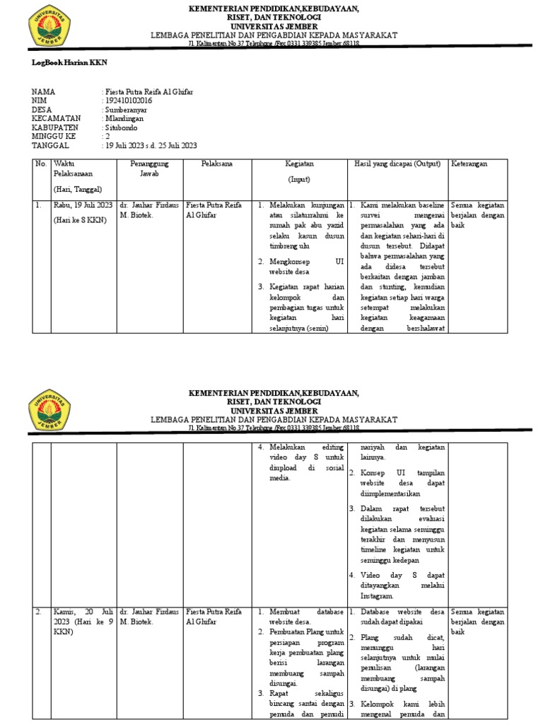 LogBook Harian KKN - Fiesta Putra Reifa Al Ghifar - Week 2 | PDF