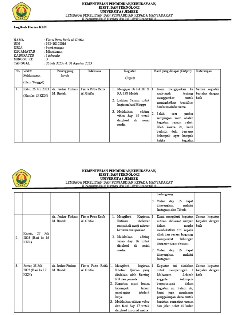 LogBook Harian KKN_Fiesta Putra Reifa Al Ghifar_Week 3 | PDF