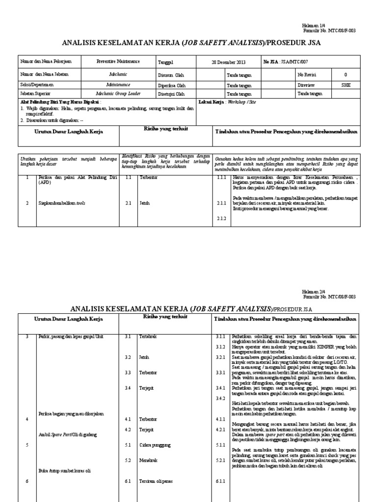 JSA untuk Pemeliharaan Alat Berat | PDF