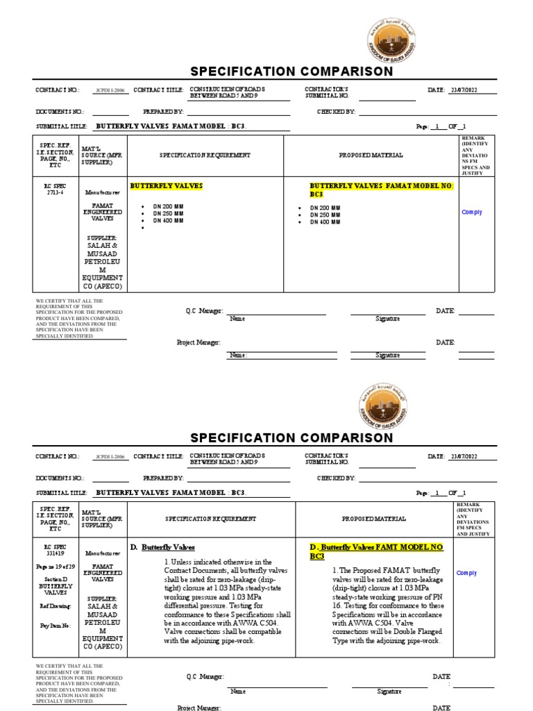 BUTTERFLY AVLVE Specification Comparison Sheet | PDF
