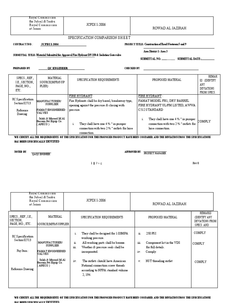 2) Filled COMPARISON SHEET FOR FIRE HYDRANTS Updated For Rev.01 | PDF