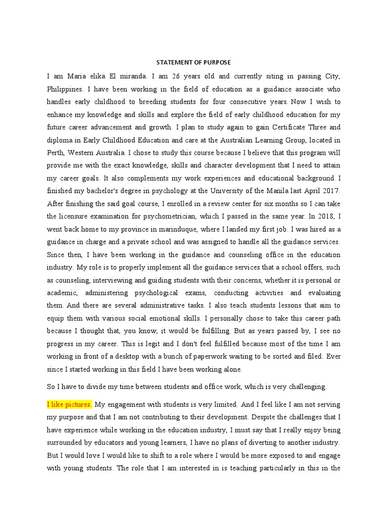 Statement of Purpose | Download Free PDF | Early Childhood Education ...