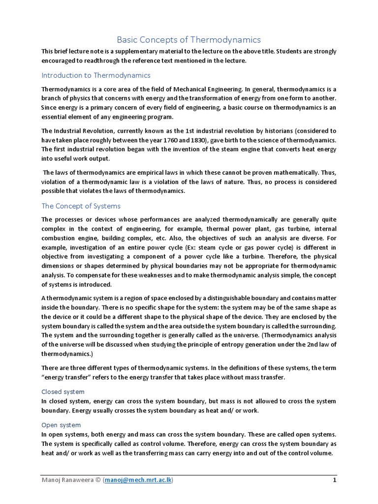 Lecture Note 1 - Basic Concepts of Thermodynamics | PDF