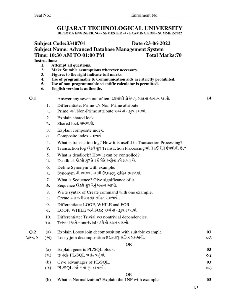 212 Gtu Adbms Paper | PDF