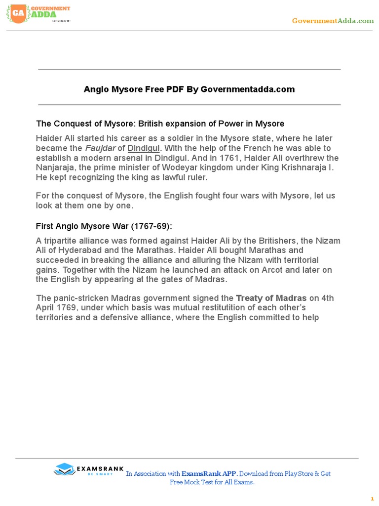 Anglo Mysore Free PDF | PDF | Foreign Relations Of Great Britain | Warfare