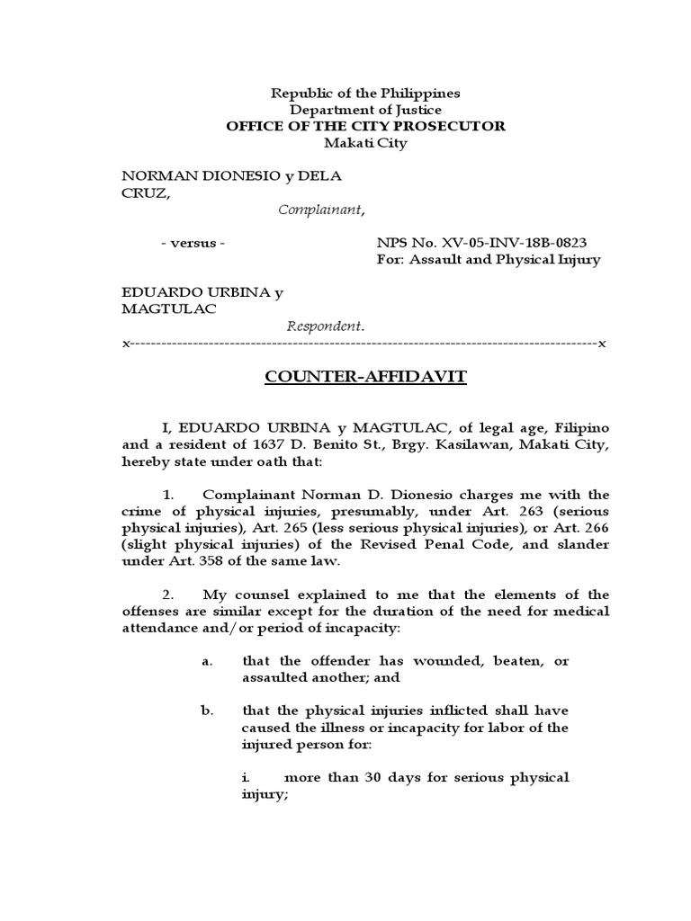 Counter-Affidavit for Assault Case | PDF | Assault | Affidavit