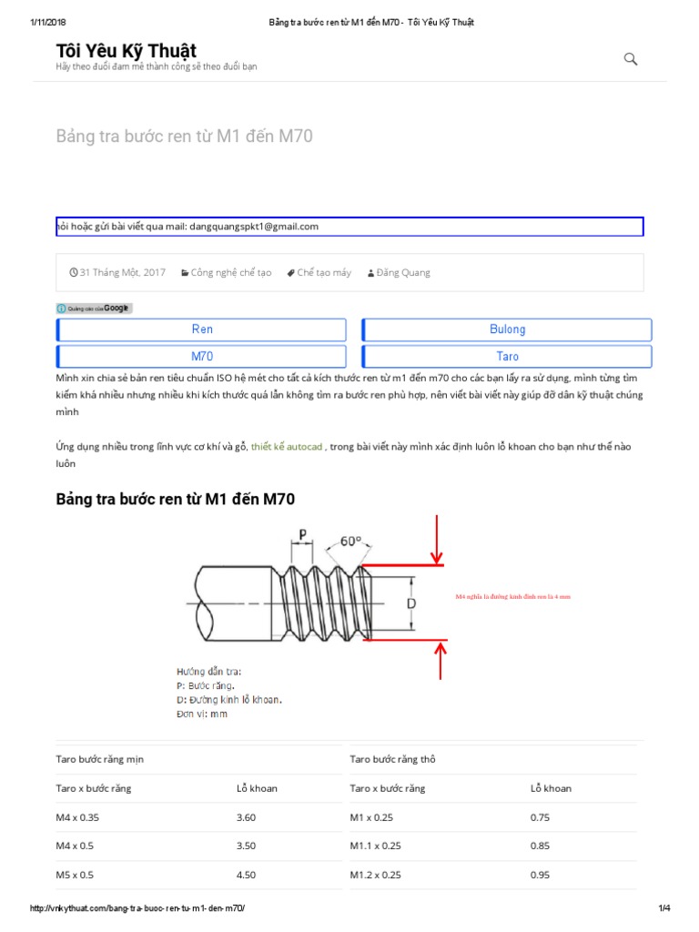 Bảng Tra Bước Ren Từ M1 Đến M70 | PDF