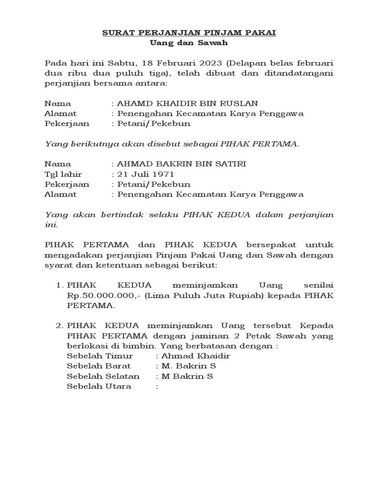 Surat Perjanjian Pinjam Pakai | PDF