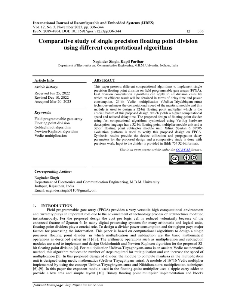 Comparative Study of Single Precision Floating Point Division Using Different Computational ...