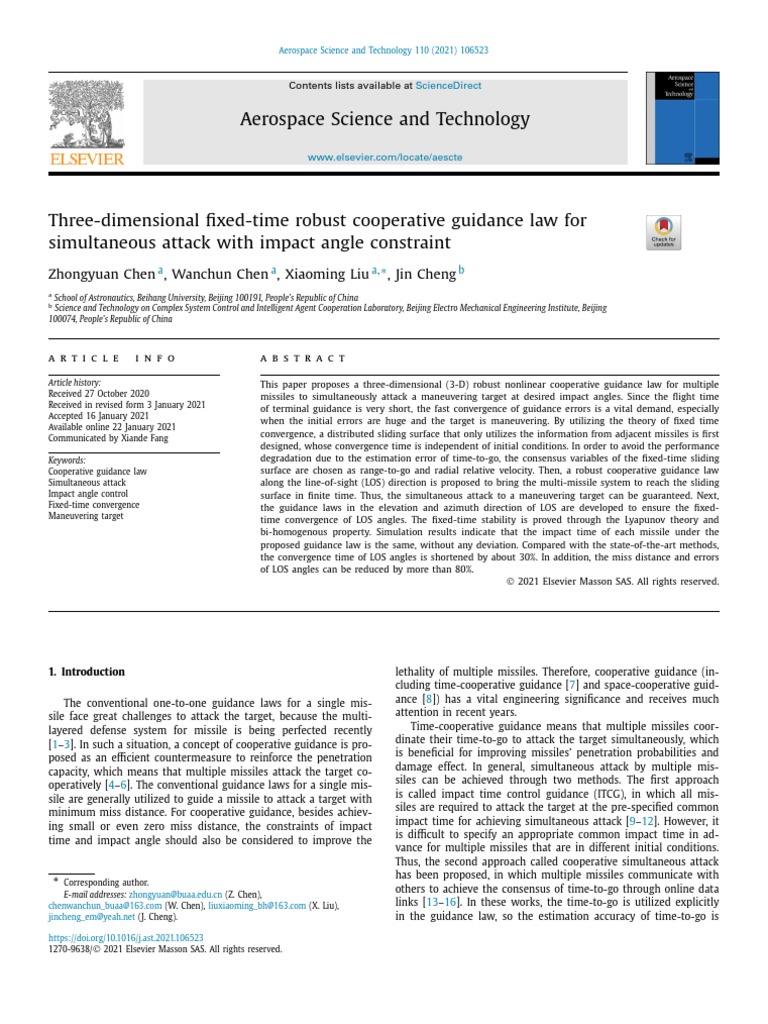 Three-Dimensional Fixed-Time Robust Cooperative Guidance Law For ... Three-Dimensional Fixed-Time Robust Cooperative Guidance Law For ...