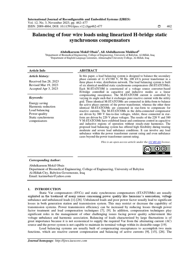 Balancing of Four Wire Loads Using Linearized H-Bridge Static ...