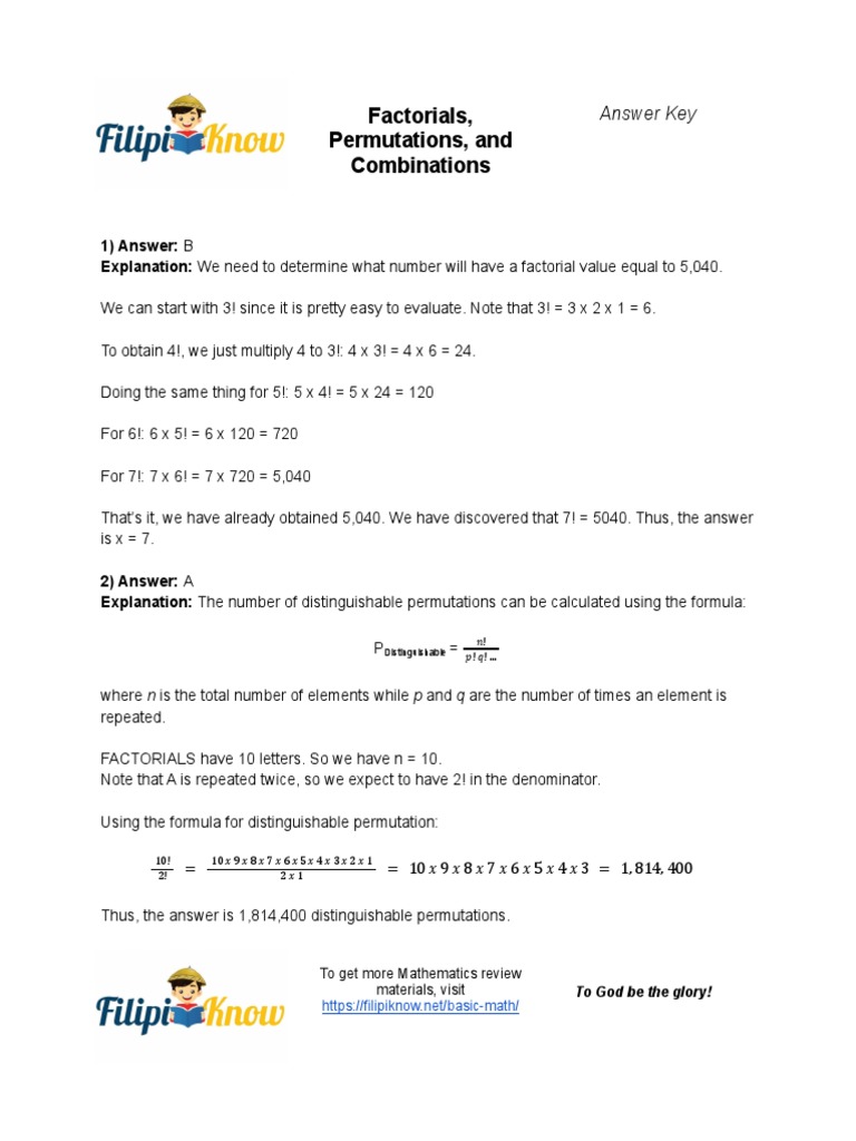 Factorials-Permutations-and-Combinations-Answer-Key | PDF | Permutation | Algebra
