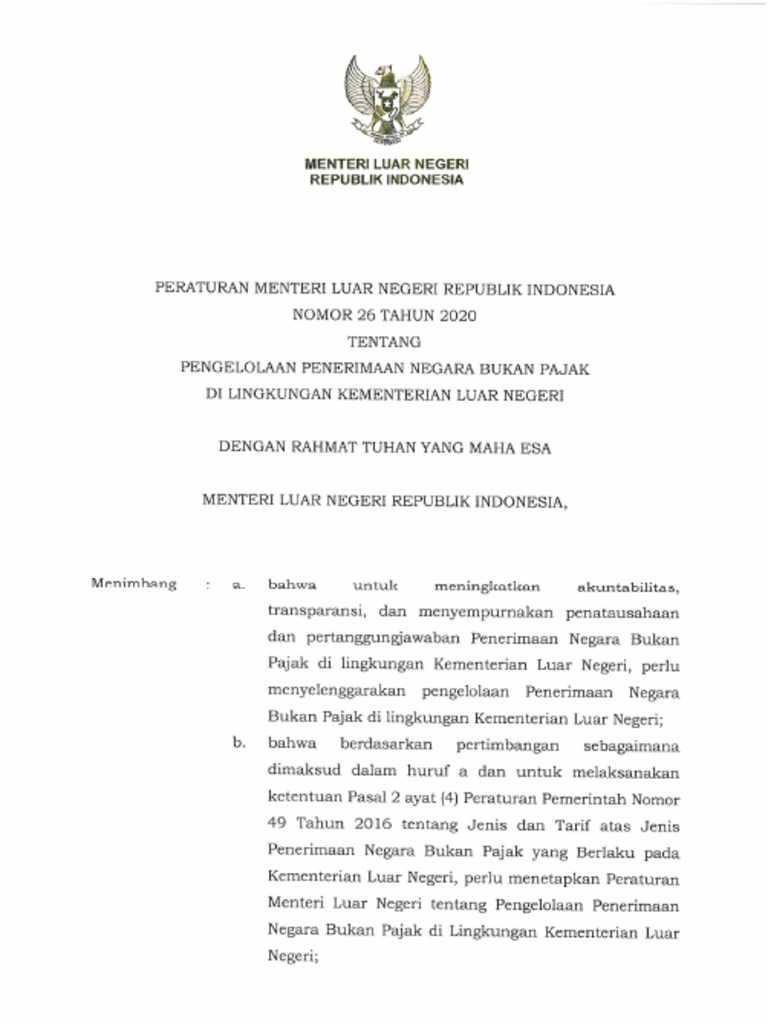 Permenlu Nomor 26 Tahun 2020 TTG Pengelolaan PNBP Kemlu | PDF