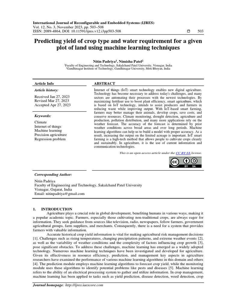 Predicting Yield of Crop Type and Water Requirement For A Given Plot of ...