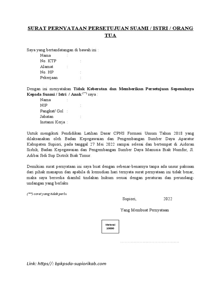 Surat Pernyataan Persetujuan Suami Atau Istri 2022 | PDF