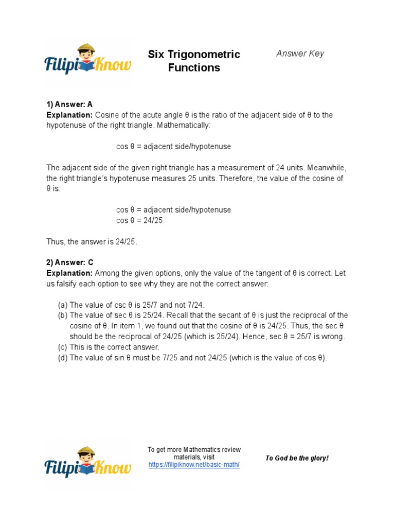 Trigonometric Functions Answer Key | PDF | Trigonometric Functions ...