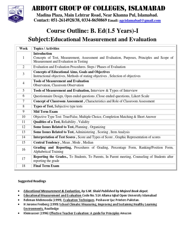 Course Outlines B.Ed (1.5 Years) - I | PDF | Educational Assessment ...