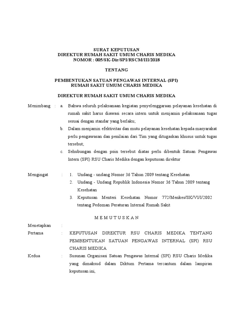 SK Satuan Pengawas Internal Rumah Sakit | PDF