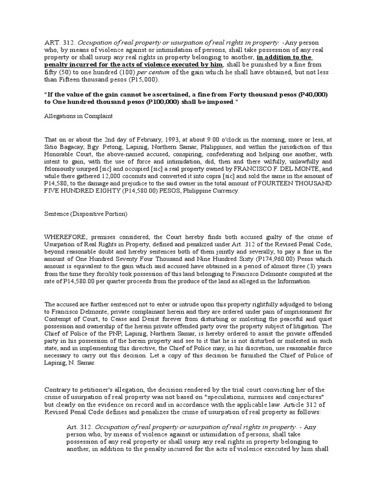 Occupation of Real Property Doctrines Sample Accusatory Portion | PDF