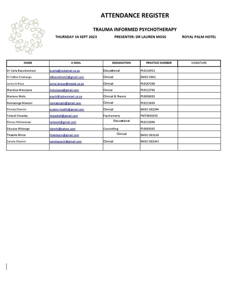 Attendance Register KZN | PDF