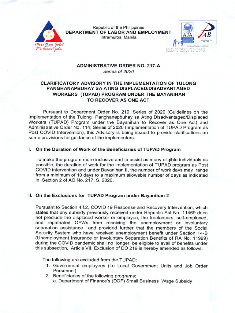 AO 217 A-20 Clarificatory Advisory in The Implementation of TUPAD ...