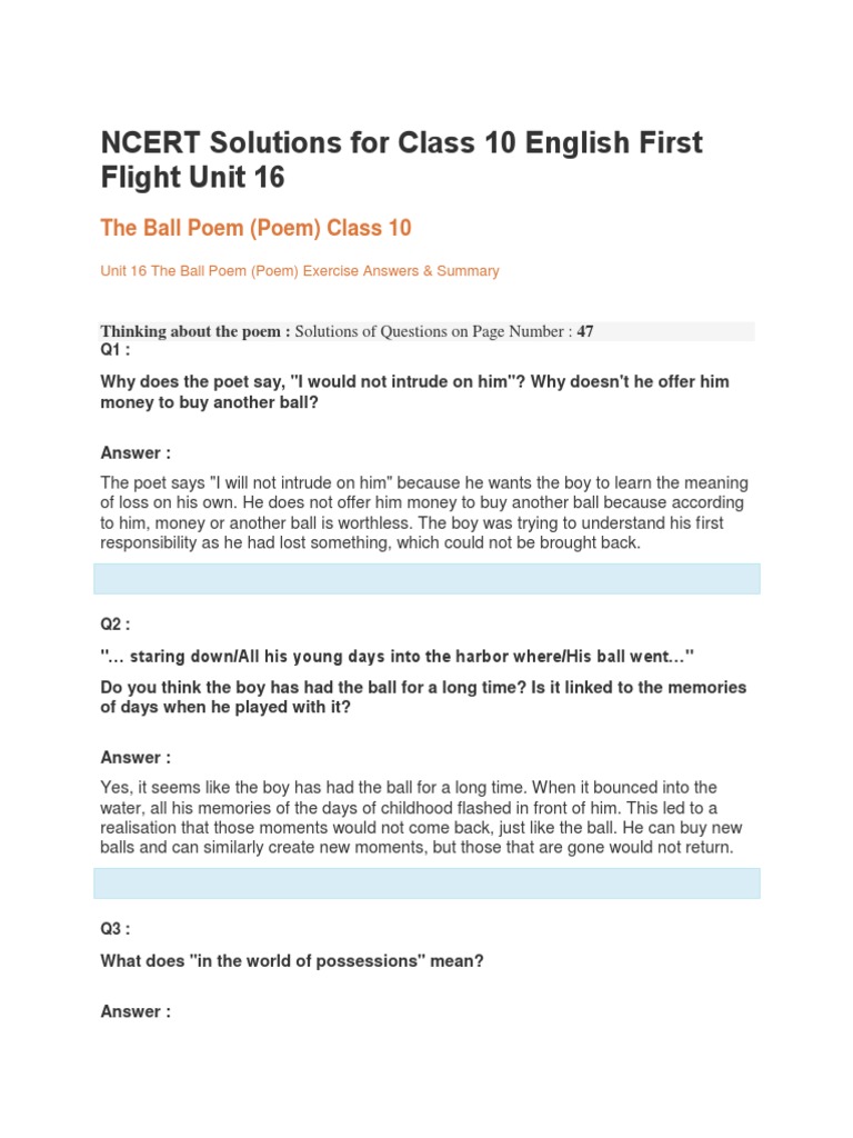 NCERT Solutions For Class 10 English First Flight Poem Chapter 5 | PDF