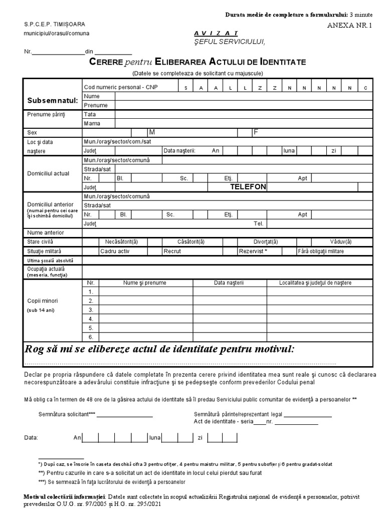 Anexa 1 Cerere Pentru Eliberare Act de Identitate CL | PDF