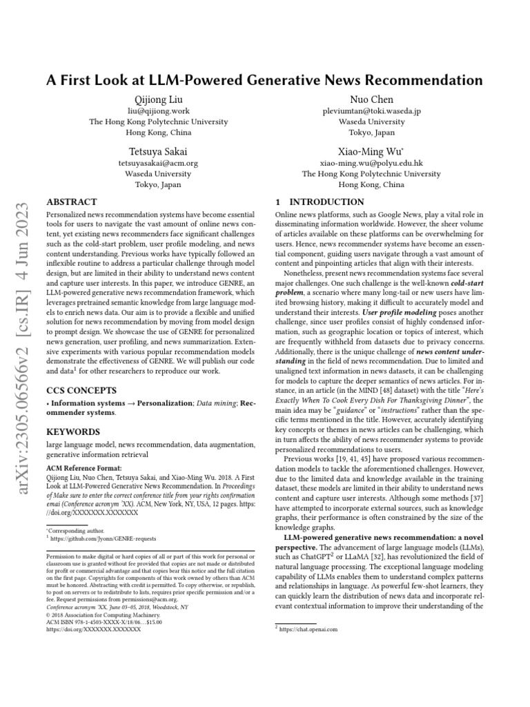 A First Look at LLM-Powered Generative News Recommendation: Qijiong Liu Nuo Chen | PDF ...