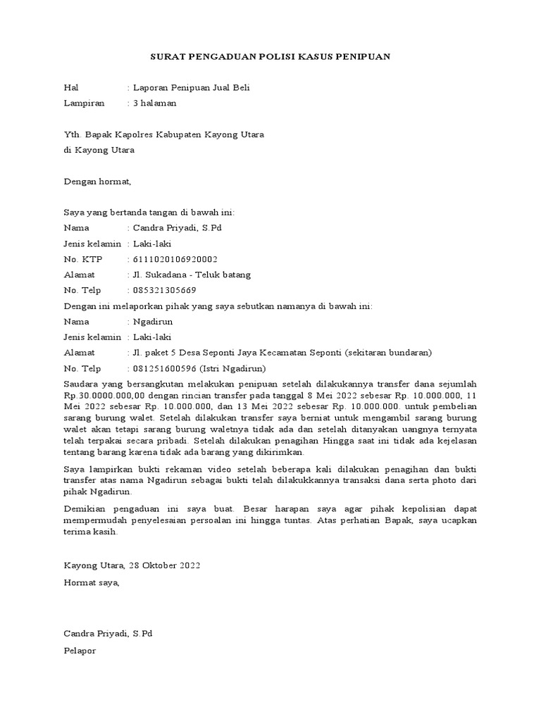 Surat Pengaduan Polisi Kasus Penipuan | PDF | Hukum