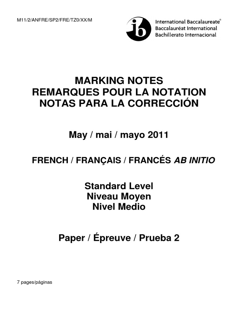 French Ab Initio Paper 2 SL Markscheme | PDF