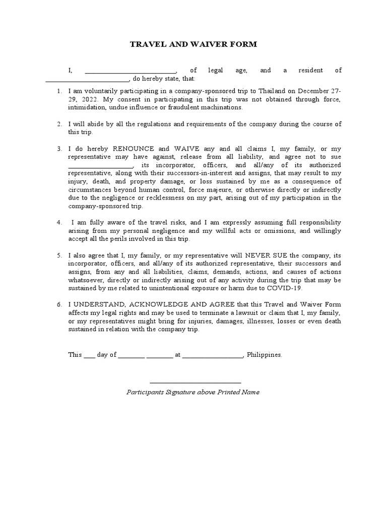 TRAVEL AND WAIVER FORM Without Jurat | PDF