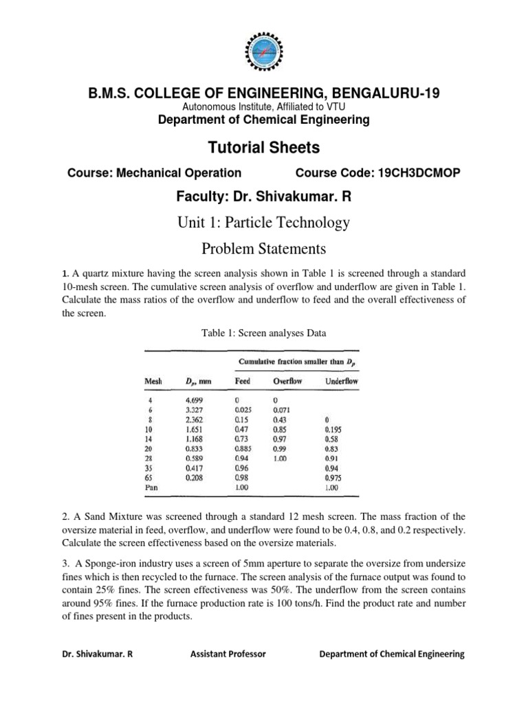DR RS Tutorial Sheet-Mechanical Operations | PDF | Filtration | Pressure