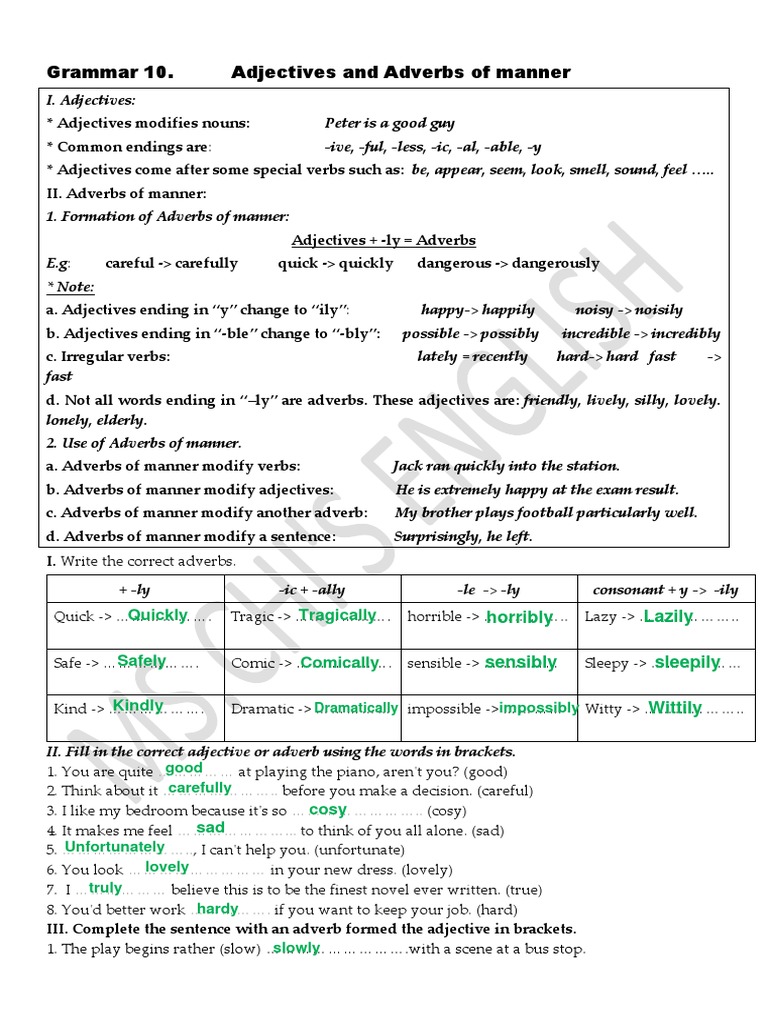 Grammar 10. Adjectives and Adverbs of Manner Ngoc Minh | PDF | Adverb ...