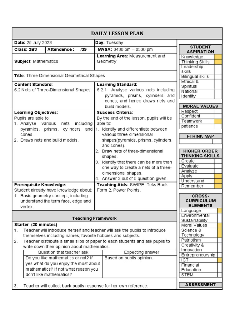 Three-Dimensional Shapes Lesson Plan | PDF | Career & Growth