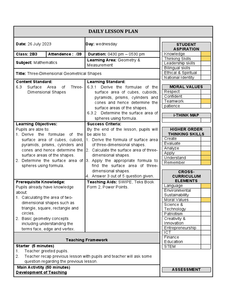 Surface Area of 3D Shapes Lesson Plan | PDF | Area | Shape