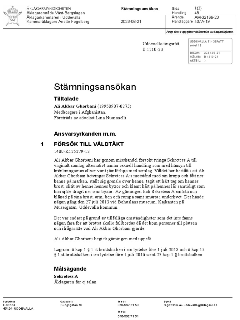 Uddevalla TR B 1210-23 Aktbil 3, STÄMNINGSANSÖKAN | PDF