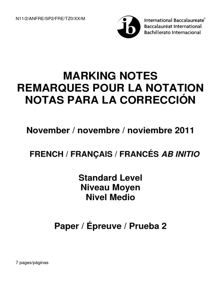 French Ab Initio Paper 2 SL Markscheme | PDF