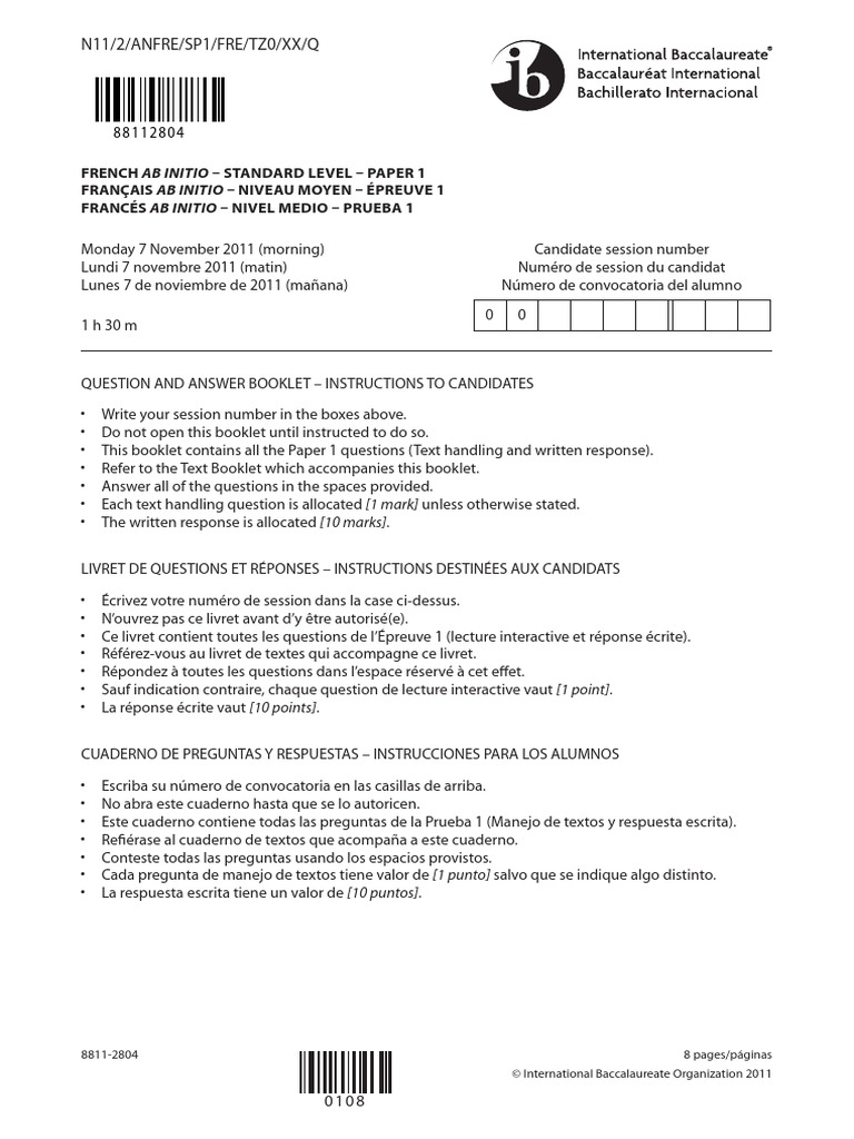 French Ab Initio Paper 1 Question Booklet SL | PDF