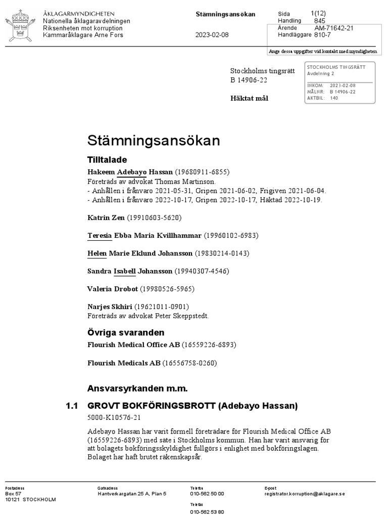 Stockholms TR B 14906-22 Aktbil 140, STÄMNINGSANSÖKAN | PDF