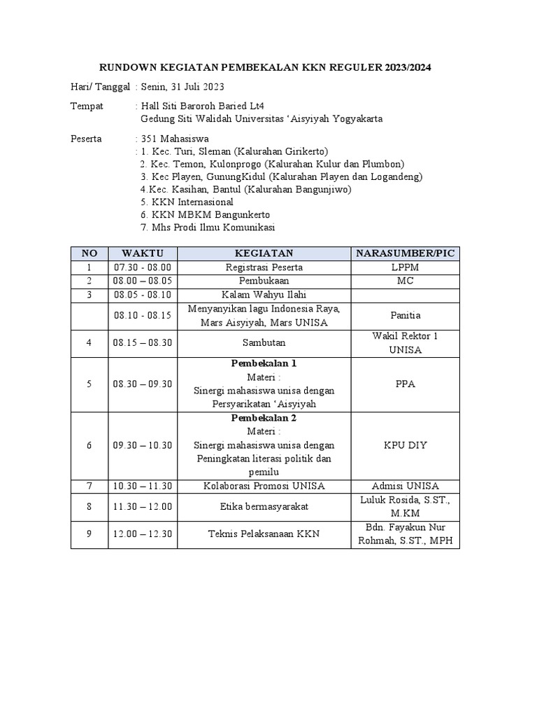 Rundown Kegiatan Pembekalan KKN Reguler 2023-1 | PDF