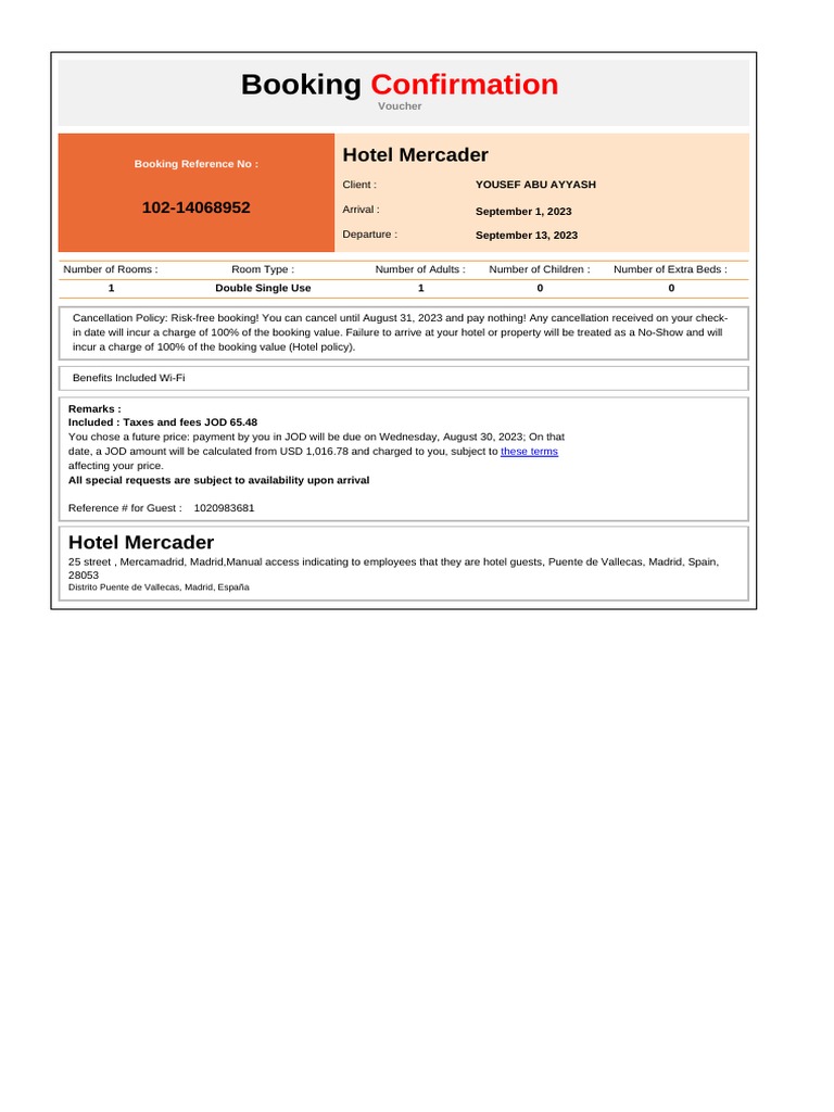 Confirmation For Booking ID # 1020983681 | PDF