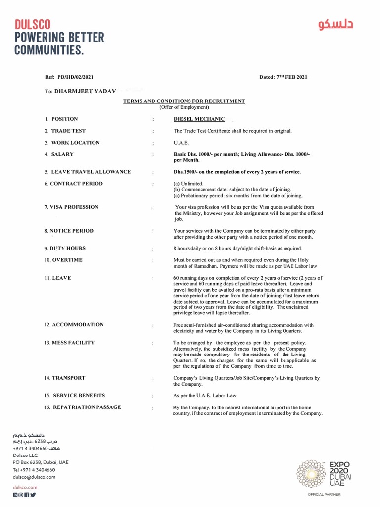 Dulsco Employment Offer Details | PDF | Employment | Labour Law