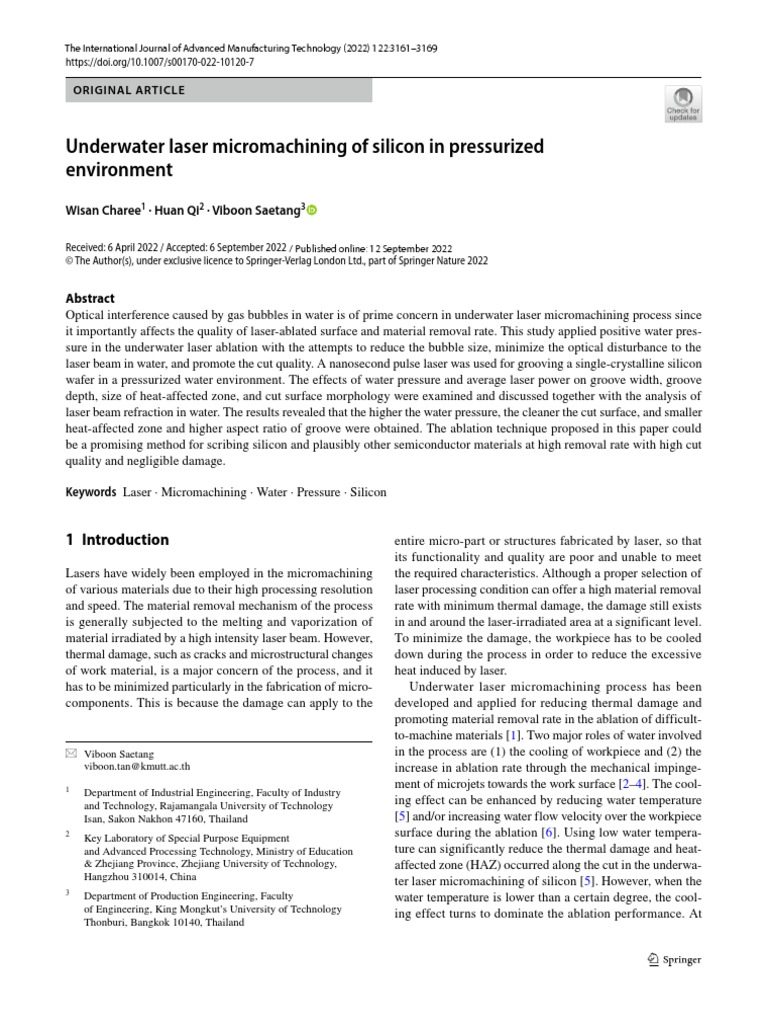 Underwater Laser Micromachining of Silicon in Pressurized Environment | Download Free PDF ...