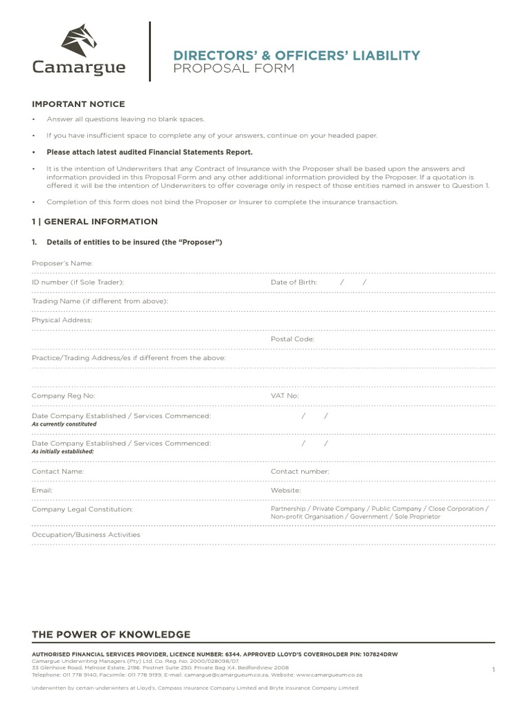 Directors Officers Liability Proposal Form | PDF