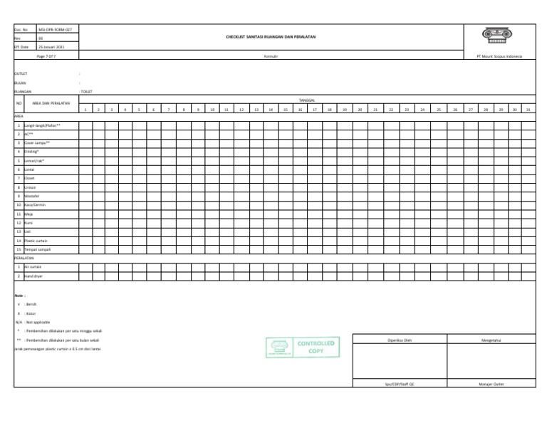 MSI-OPR-ForM-027.00 Ceklis Sanitasi Ruangan Dan Peralatan-7 | PDF